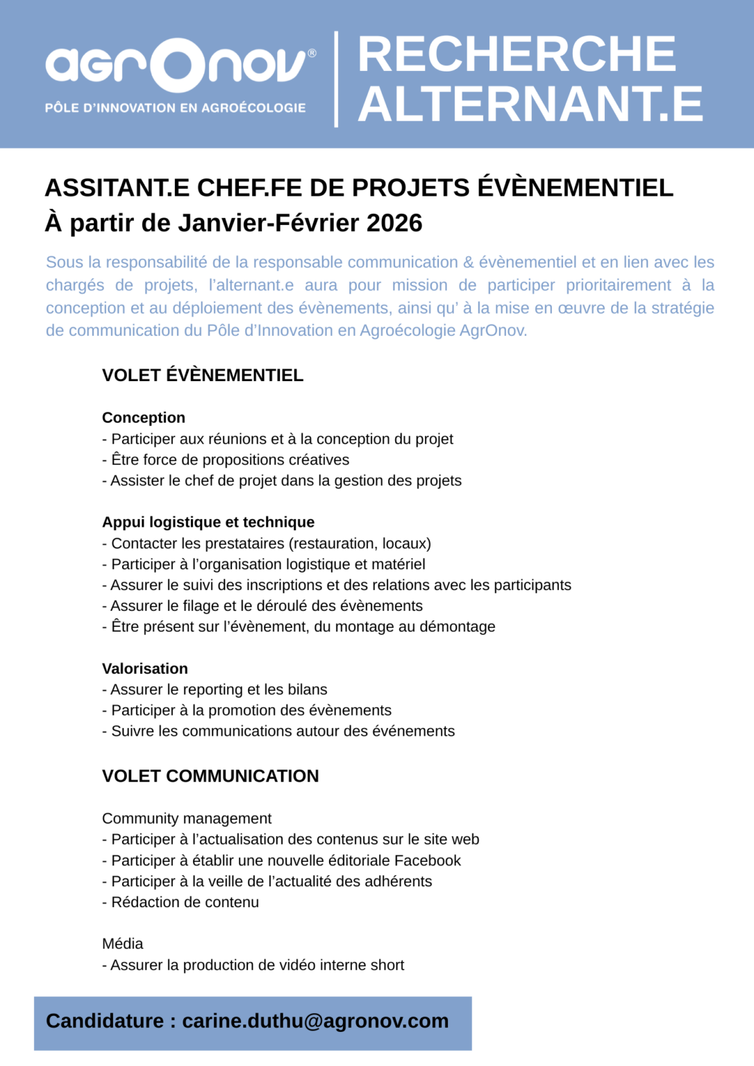 RECRUTEMENT - offre de contrat d'apprentissage - Agronov